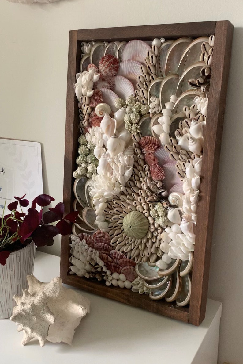 Framed Seashell Mosaic Wall Art: “deep Sea Coral Reef” Natural Shell ...