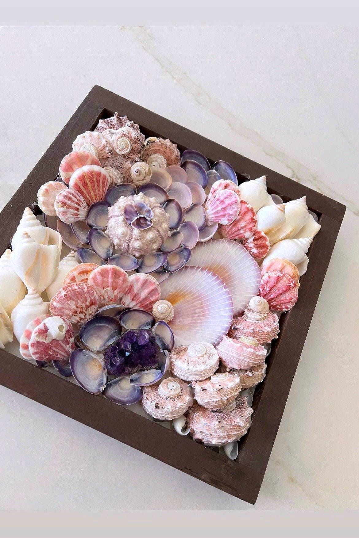 Framed Sea Shell Crystal Wall Mosaic Mermaids Garden Pink Purple Shells ...