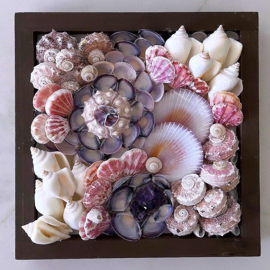 Framed Sea Shell Crystal Wall Mosaic Mermaids Garden Pink Purple Shells ...