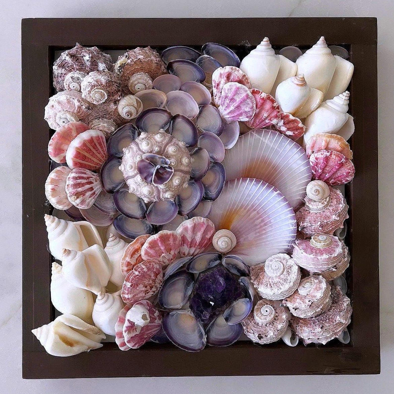 Framed Sea Shell Crystal Wall Mosaic Mermaids Garden Pink Purple Shells ...