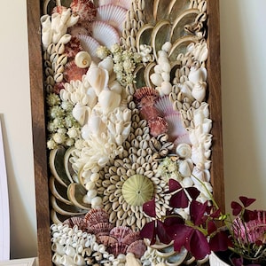 Framed Seashell Wall Mosaic Natural Sea Shells Coastal Nautical Wall ...