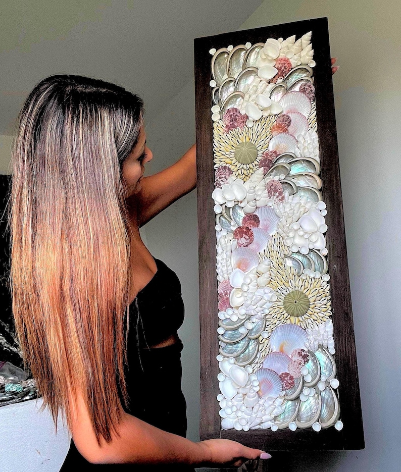 Framed Seashell Wall Mosaic Natural Sea Shells Coastal Nautical Wall ...