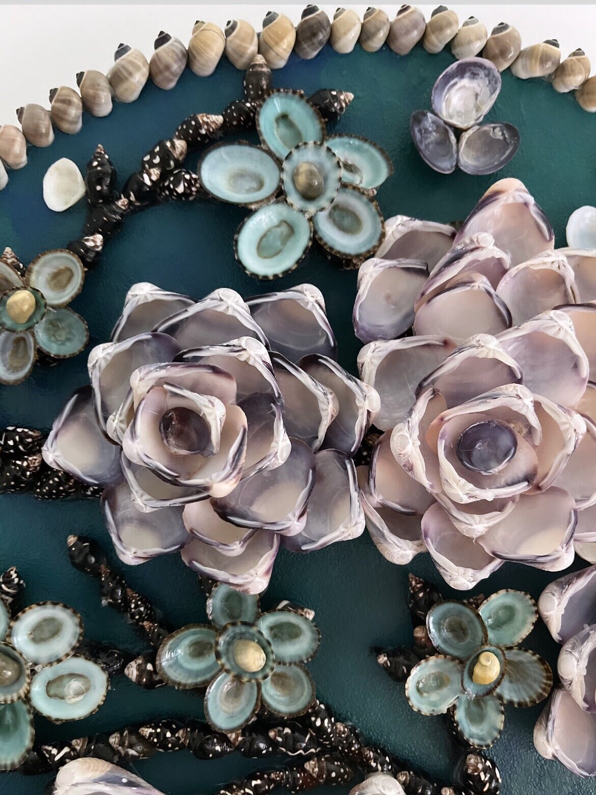 Handmade Seashell Flowers on Hand Painted Wood 3D Shell Art Mixed Media ...