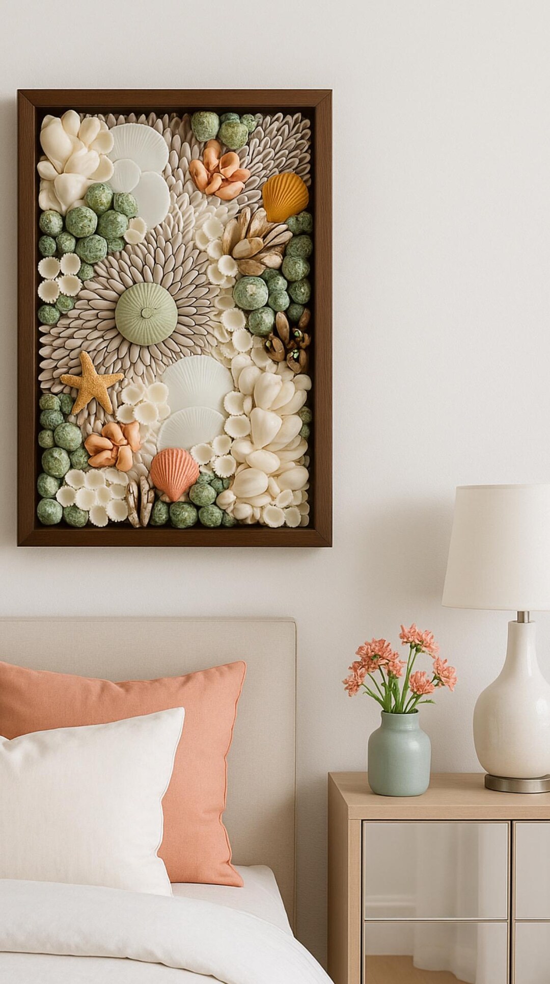 Framed Seashell Wall Mosaic Natural Sea Shells Coastal Nautical Wall ...