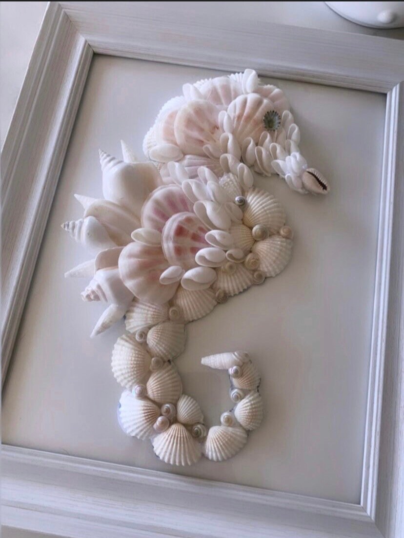 Seashell Seahorse in Frame Handmade Wall Art on Linen Decor Nautical ...