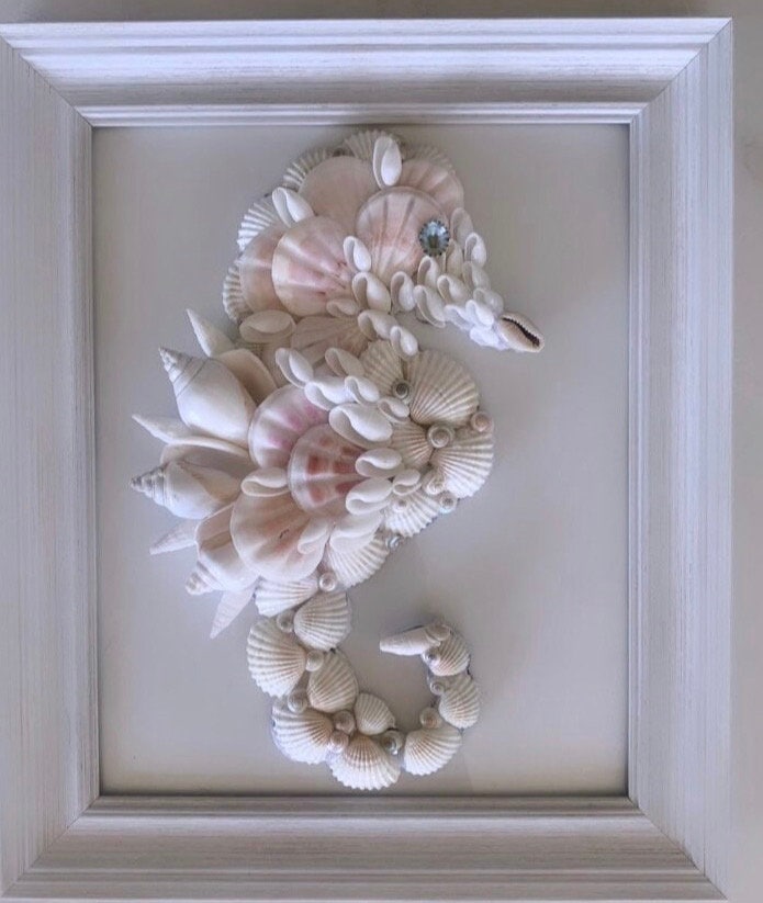 Seashell Seahorse in Frame Handmade Wall Art on Linen Decor Nautical ...