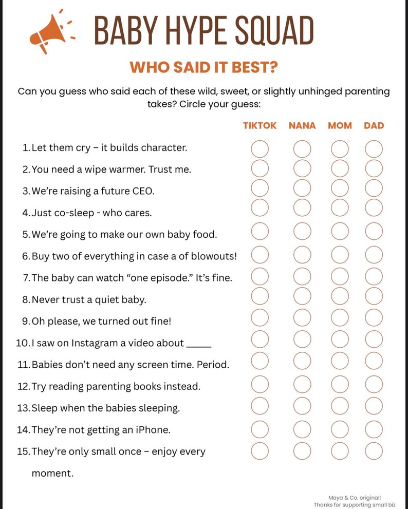 Funny Baby Shower Game: Who Said It? Printable Co-ed Activity (instant ...
