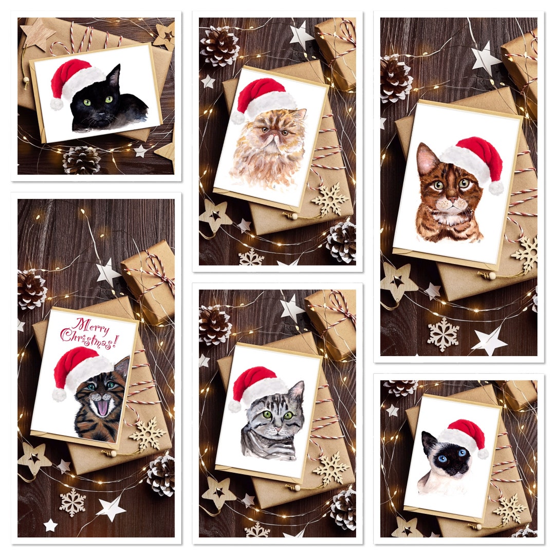 Cat Christmas Card Pack, Cat Card, Christmas Card, Set of Cat Christmas ...