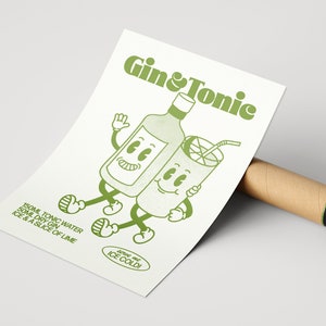 GIN AND TONIC Print | Retro Cocktail Wall Art | Cute Illustration ...