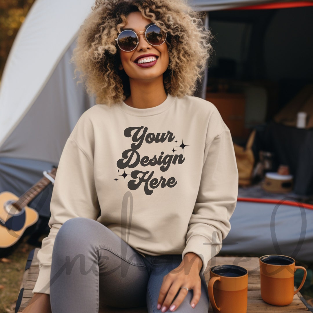 Gildan 18000 Sand Mockup Gildan Sand Sweatshirt Mockup Sweatshirt Model ...