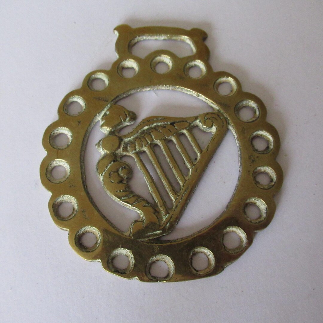 Vintage Horse Brass Winged Maiden Angel Irish Harp Martingale Medallion ...