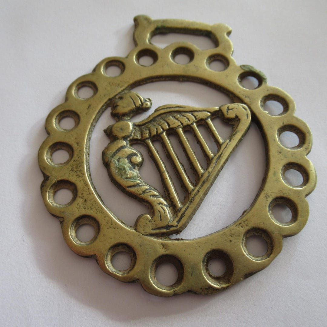 Vintage Horse Brass Winged Maiden Angel Irish Harp Martingale Medallion ...