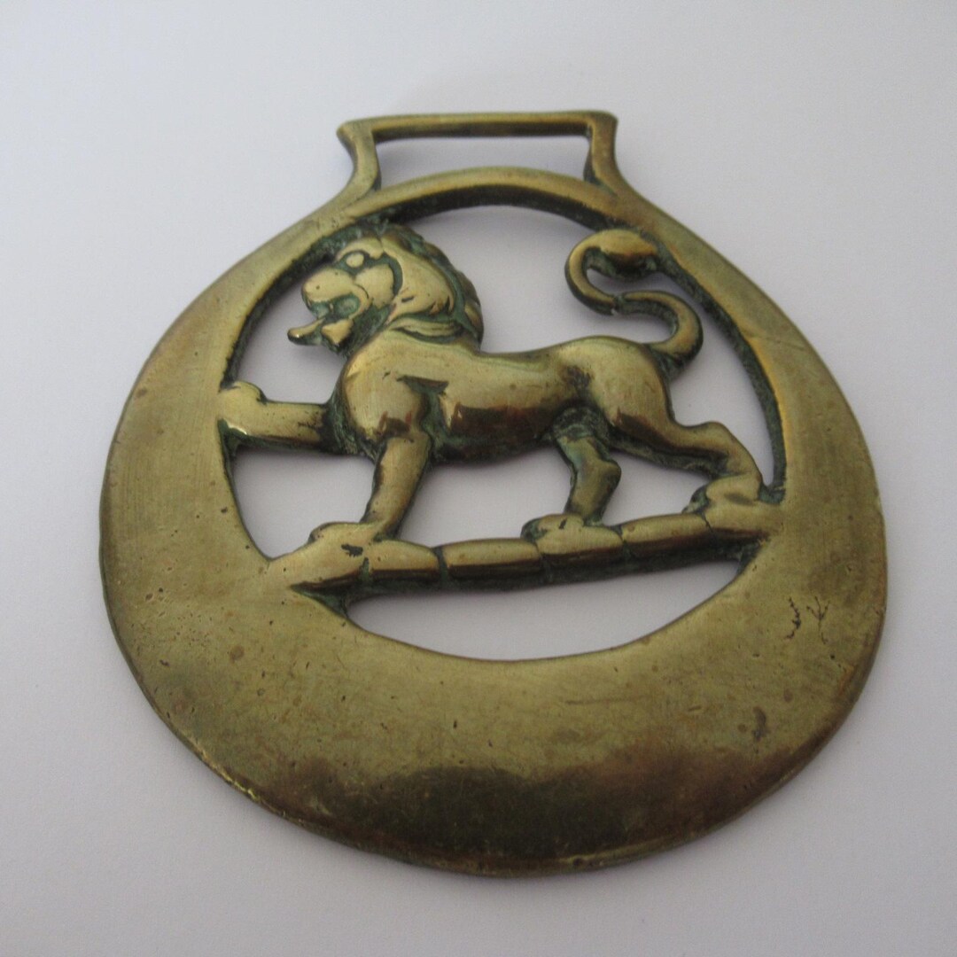 Antique Horse Brass Passant Lion Inside A Crescent Moon Medallion With ...