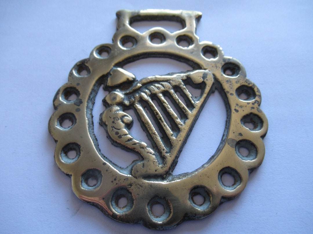 Vintage Horse Brass Winged Maiden Angel Irish Harp Martingale Medallion ...