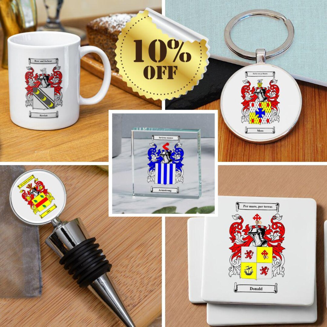 Family Crest Gift Set, Personalised Coat of Arms Keyring, Mug, Coasters ...