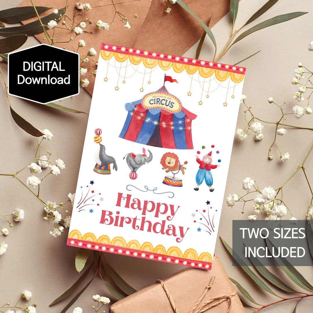 PRINTABLE Circus Birthday Card for Kids,carnival Themed Birthday Card ...