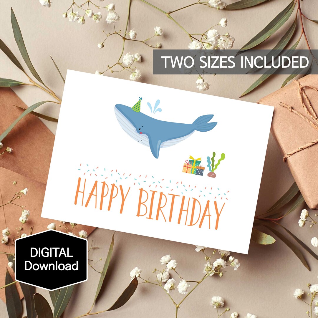 Whale Birthday Card for Kids,printable Blue Whale Card for Boy,humpback ...