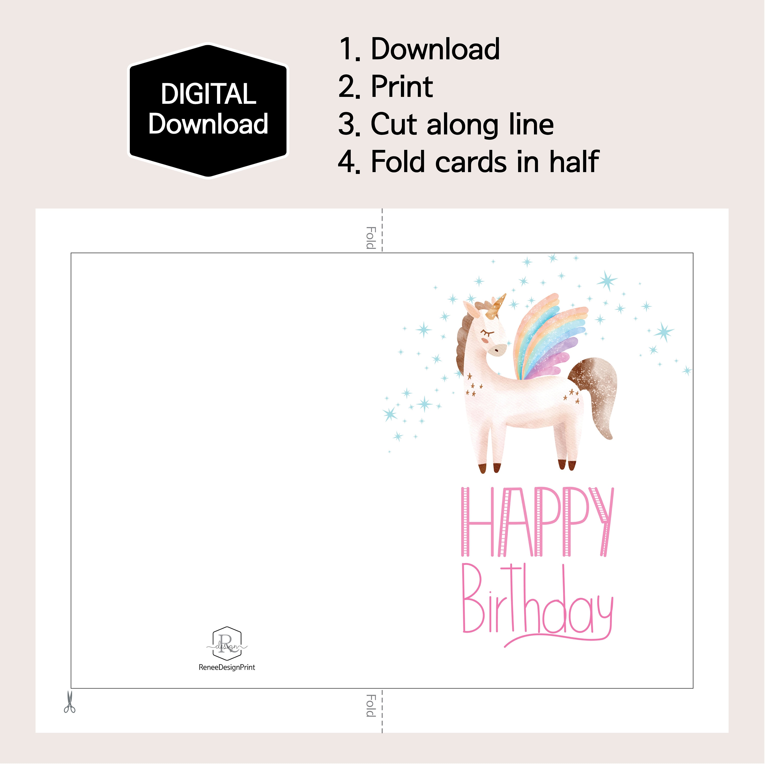 Printable Unicorn Birthday Card,magical Unicorn Card for Kids,cute ...