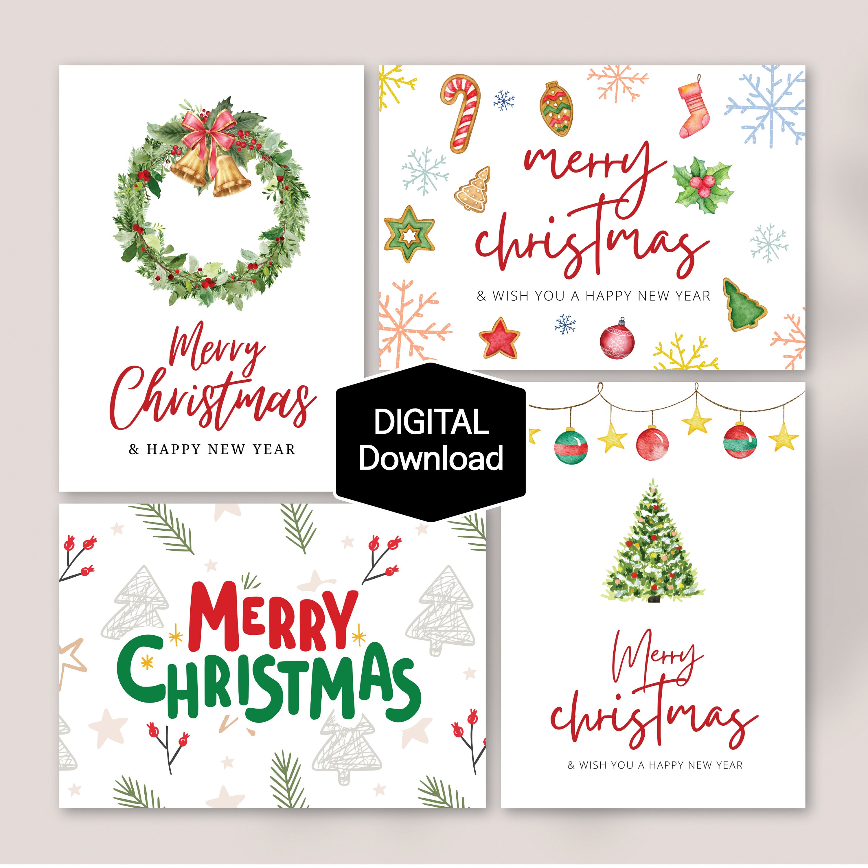 PRINTABLE Christmas Card Set,set of 4 Christmas Card,simple Merry ...
