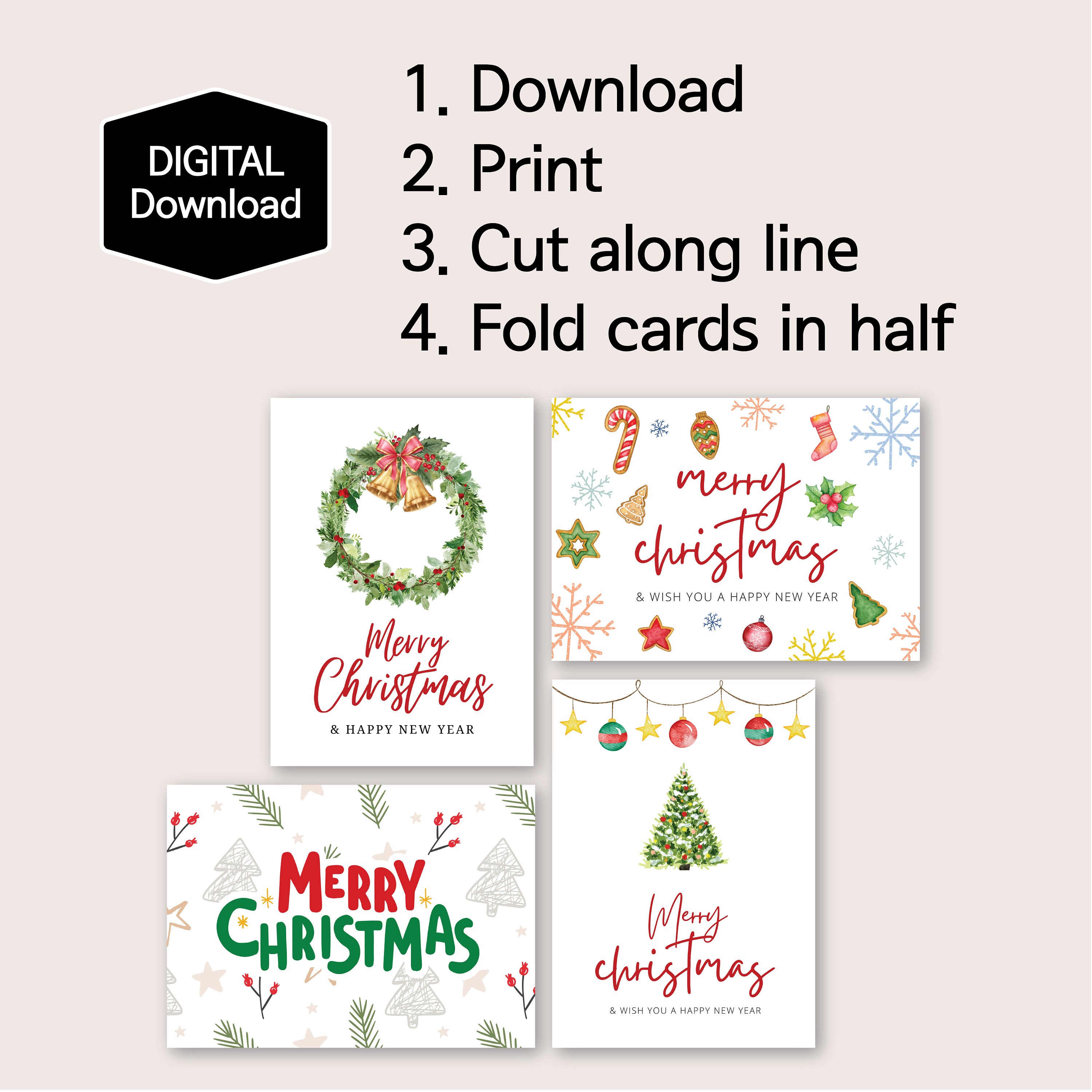 PRINTABLE Christmas Card Set,set of 4 Christmas Card,simple Merry ...
