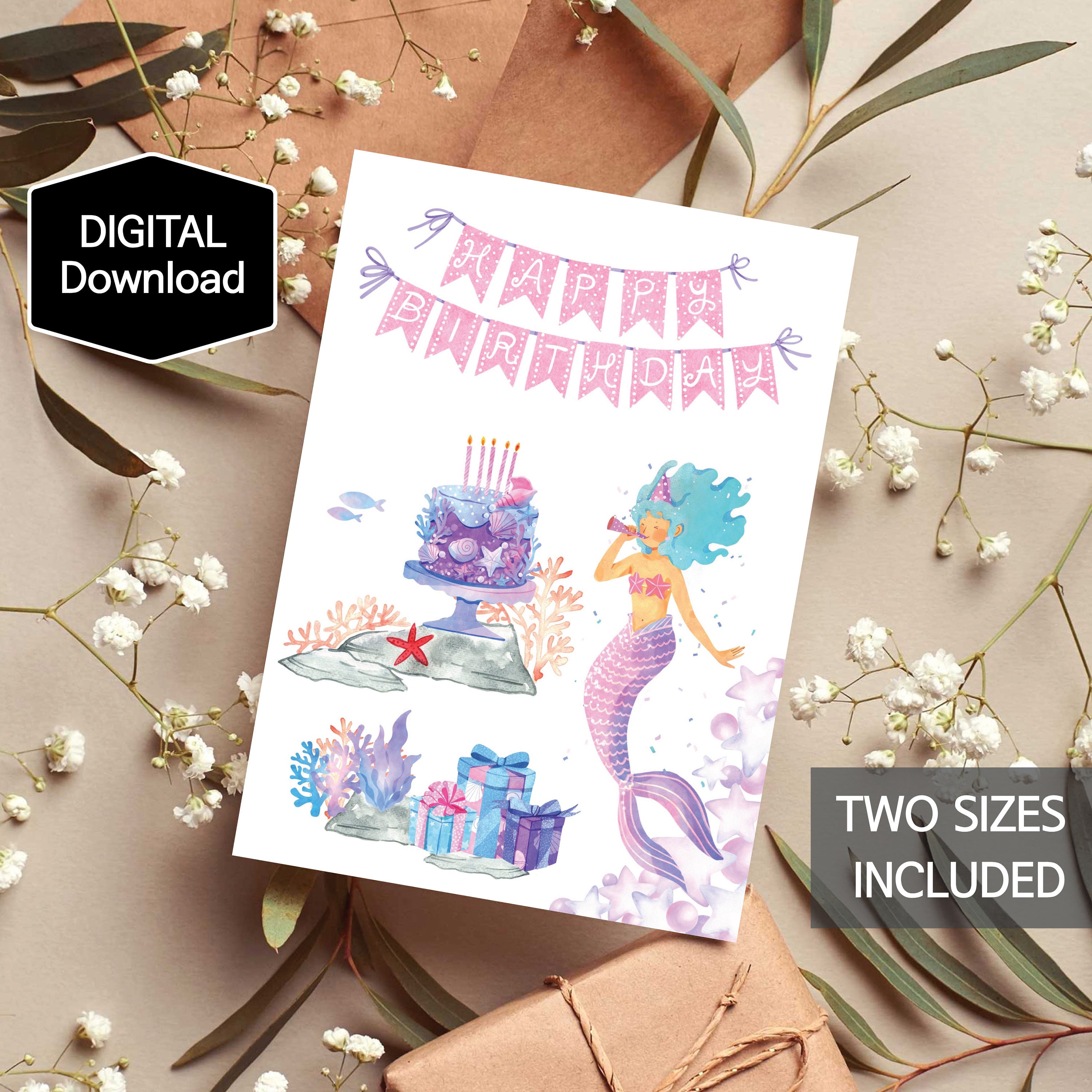 Printable Mermaid Happy Birthday Card for Girl,little Mermaid Card for ...