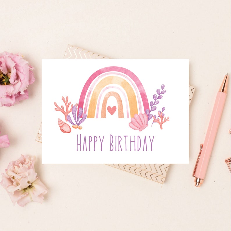Printable Rainbow Happy Birthday Card for Kids,under the Sea Card,boho ...