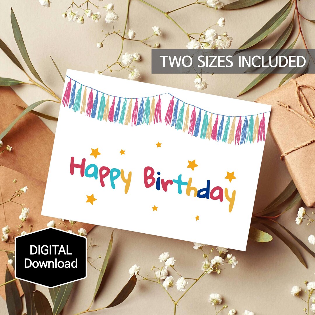 Printable Happy Birthday Card for Kids, Tassel Birthday Card, Star Kids ...