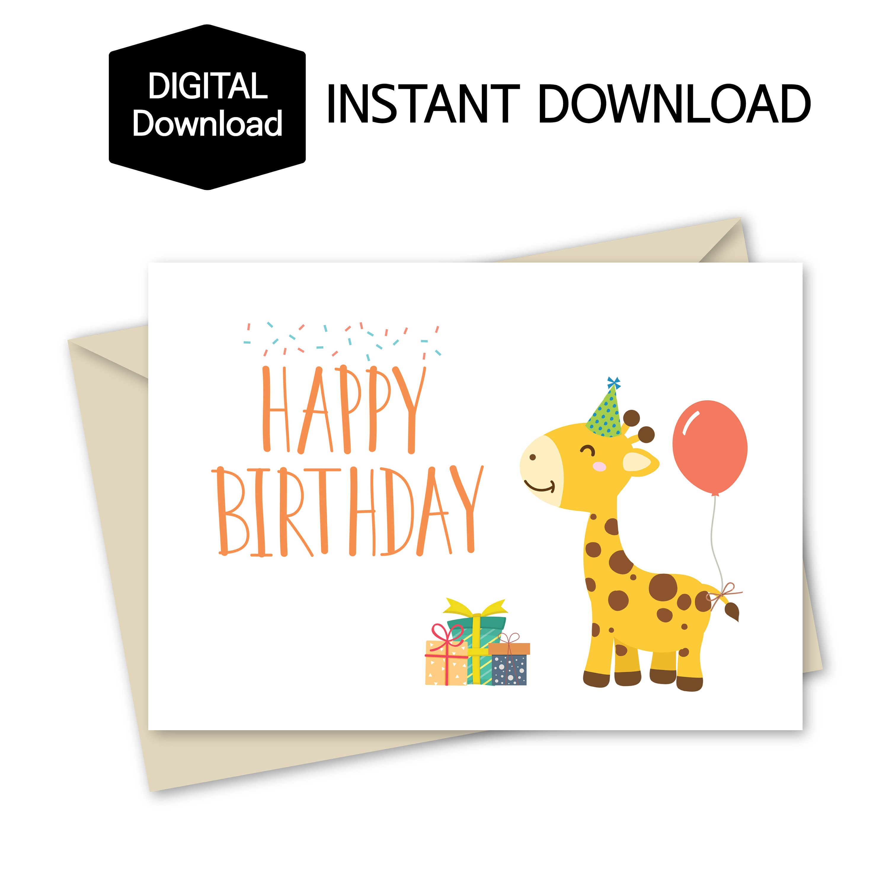 Giraffe Birthday Card for Kids,cute Baby Animal Birthday Card,instant ...