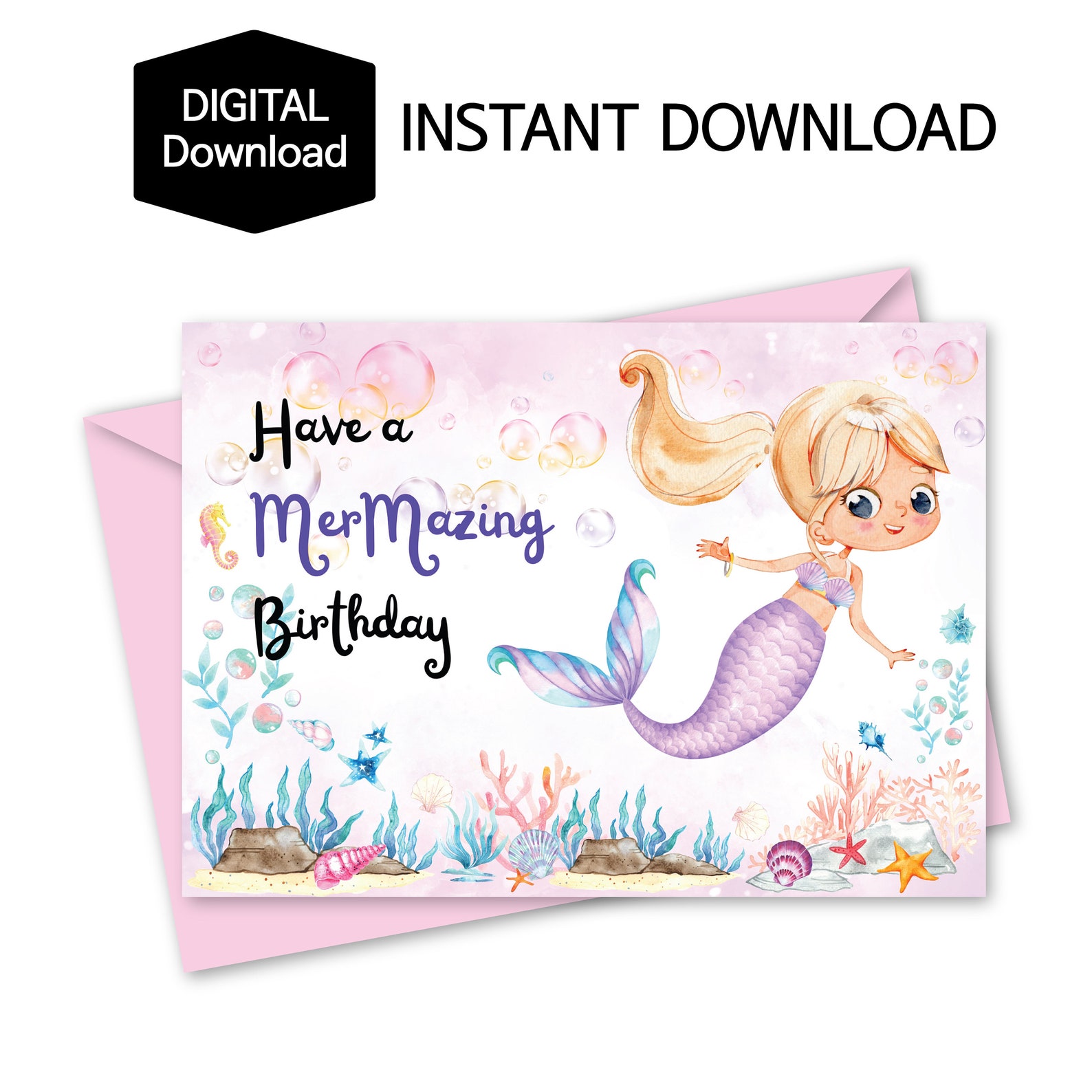 Printable Mermaid Happy Birthday Card for Girl,little Mermaid Card for ...