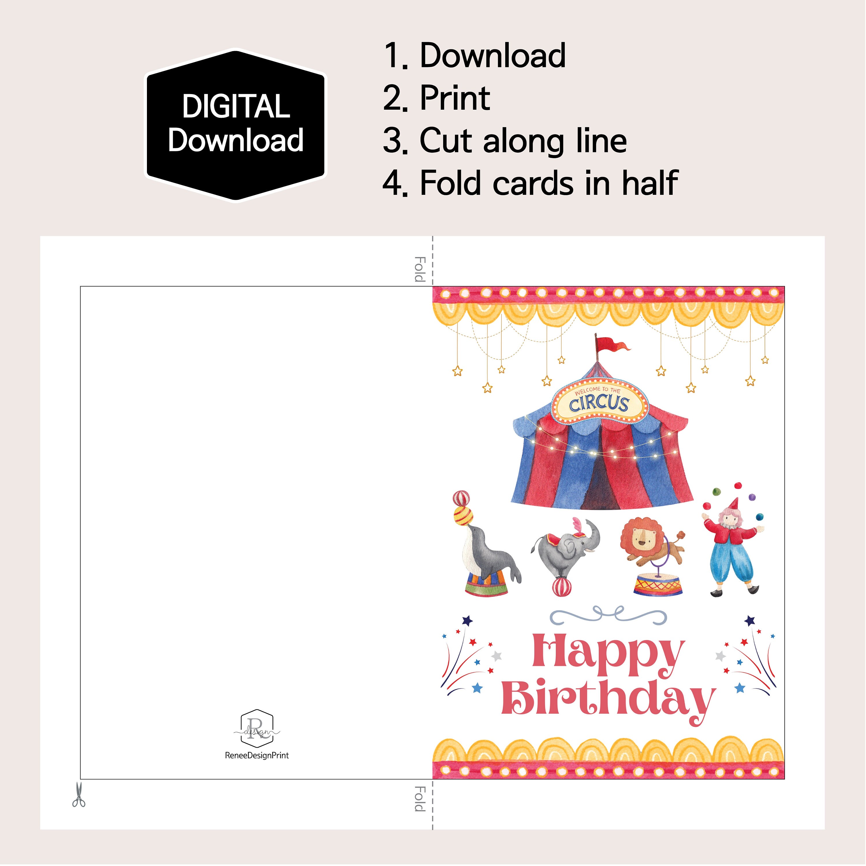 PRINTABLE Circus Birthday Card for Kids,carnival Themed Birthday Card ...