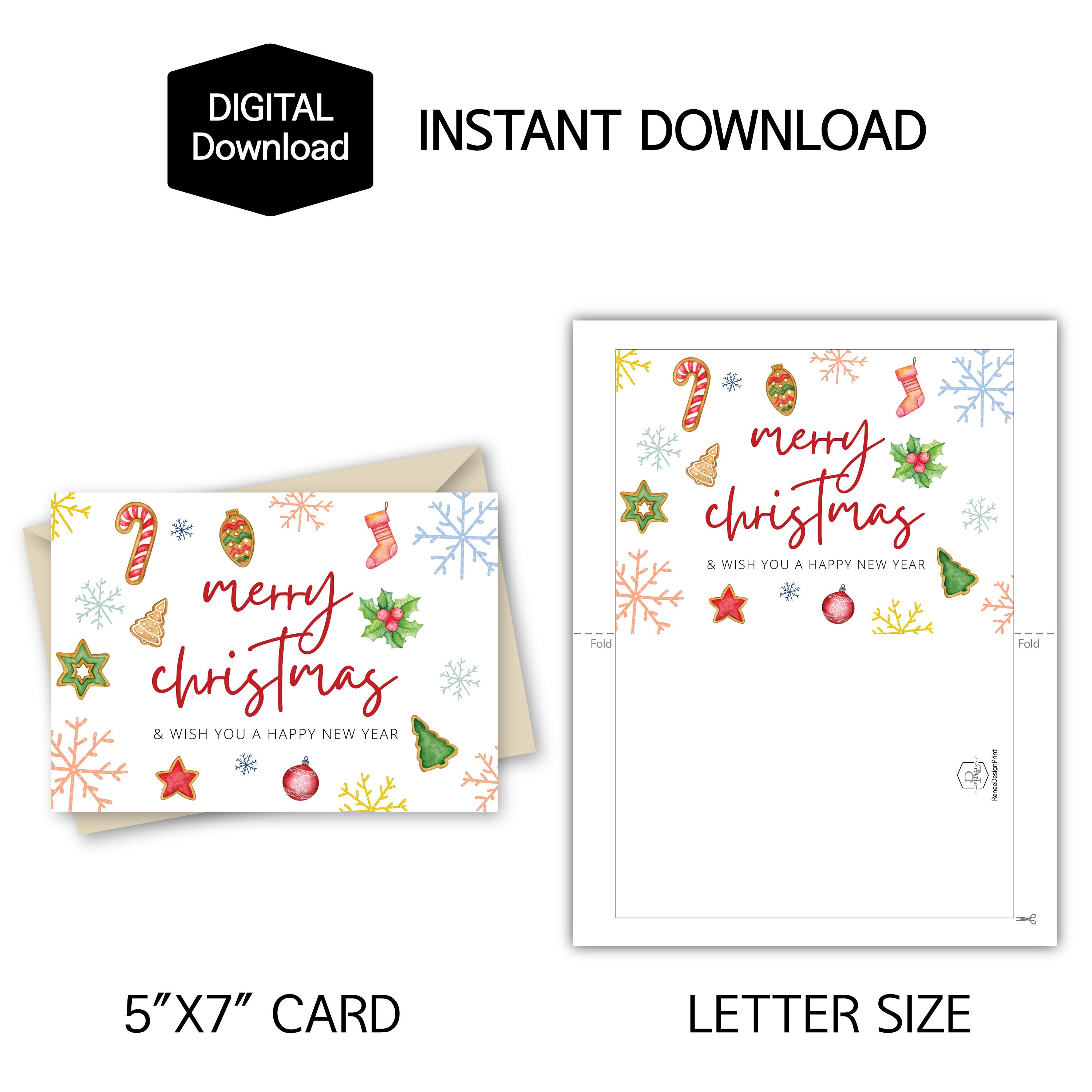 PRINTABLE Christmas Card Set,set of 4 Christmas Card,simple Merry ...