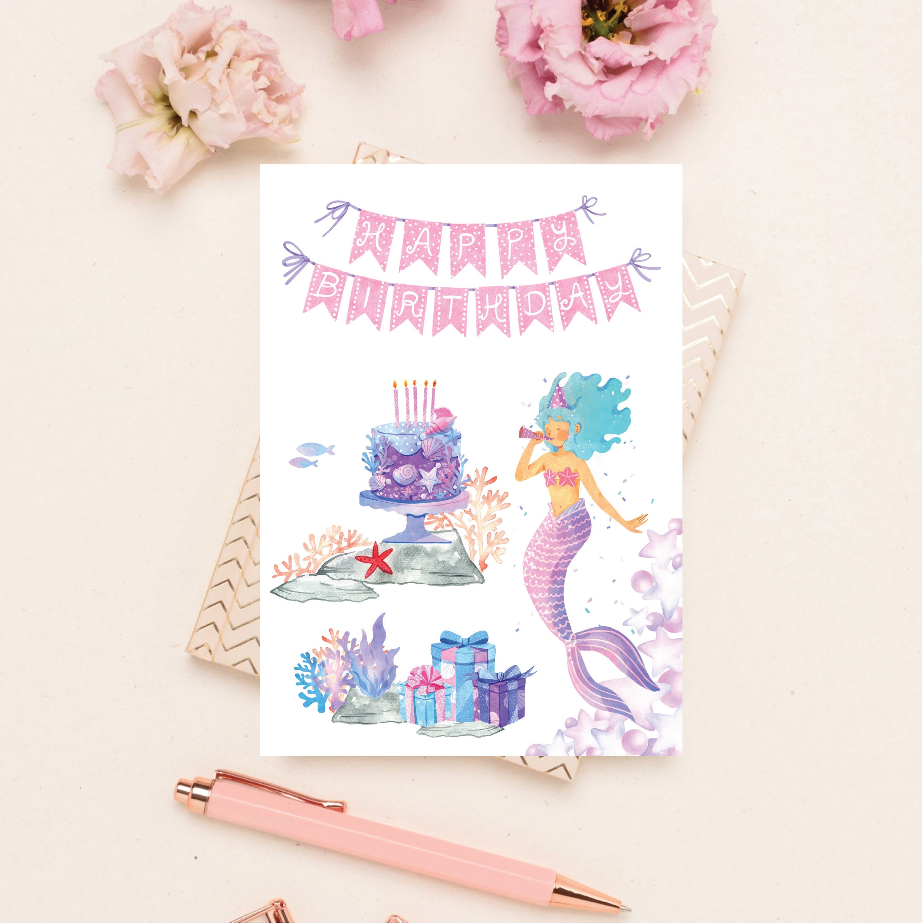 Printable Mermaid Happy Birthday Card for Girl,little Mermaid Card for ...