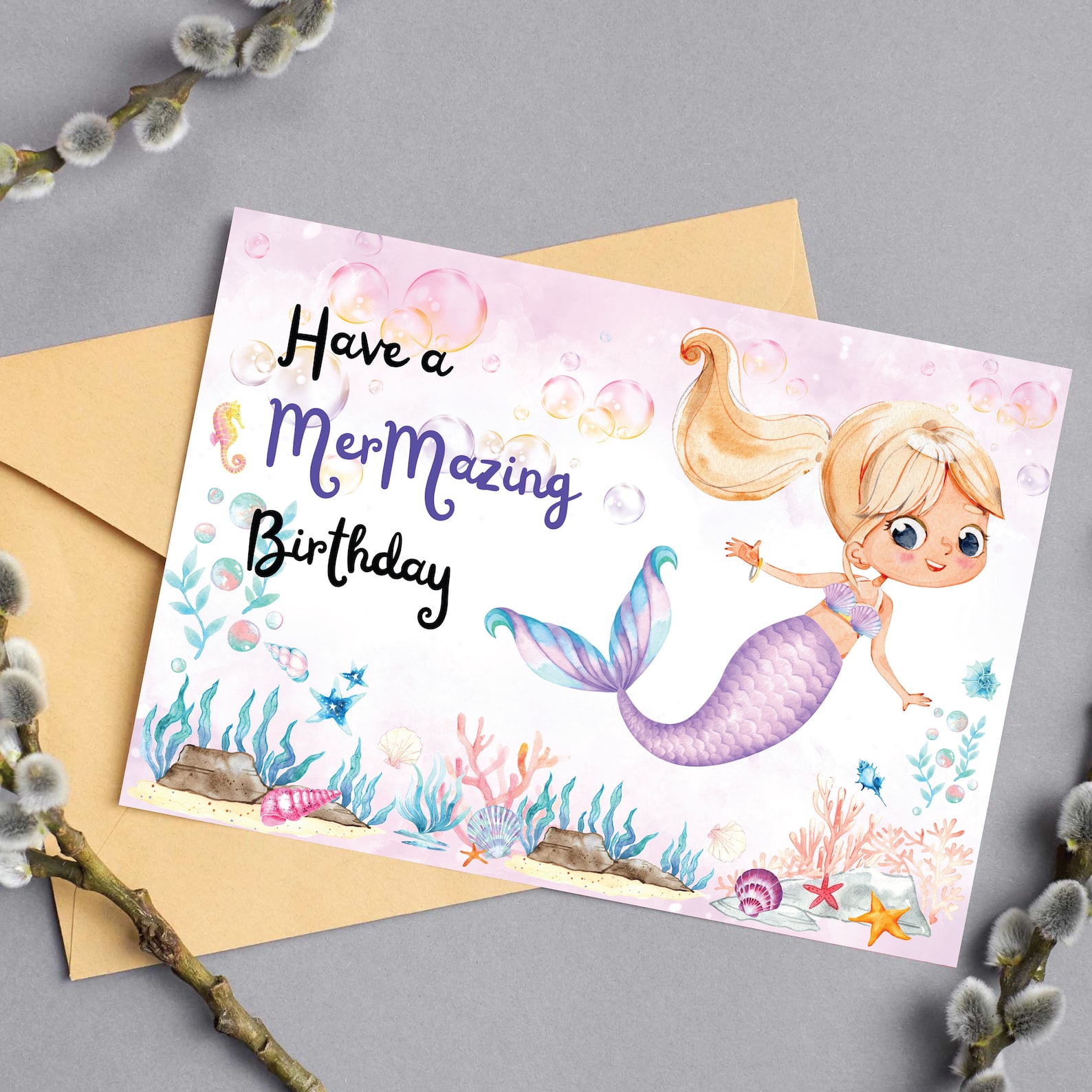 Printable Mermaid Happy Birthday Card for Girl,little Mermaid Card for ...