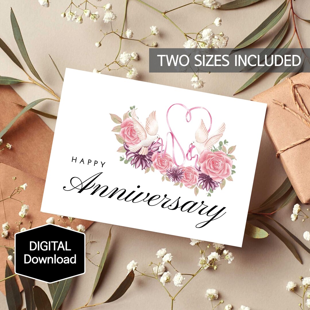 Printable Floral Happy Anniversary Card for Partner,dove & Heart Ribbon ...