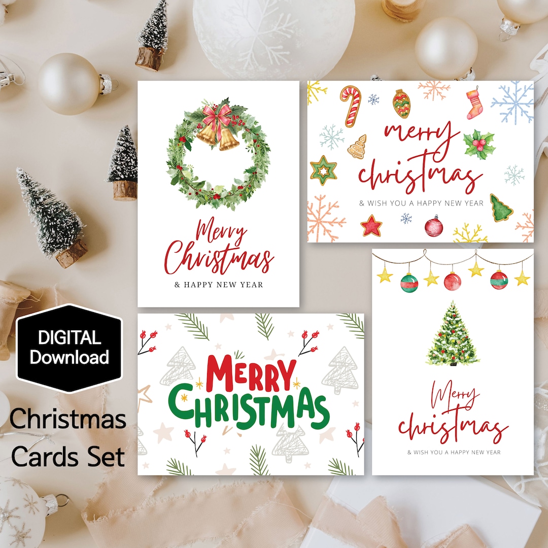 PRINTABLE Christmas Card Set,set of 4 Christmas Card,simple Merry ...