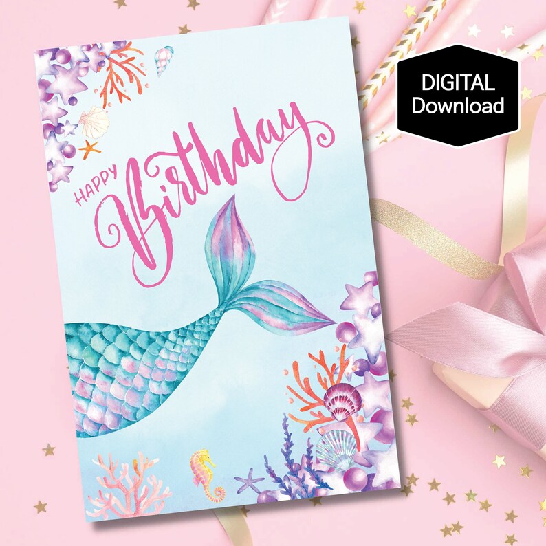 Printable Mermaid Happy Birthday Card for Girl,little Mermaid,under the ...