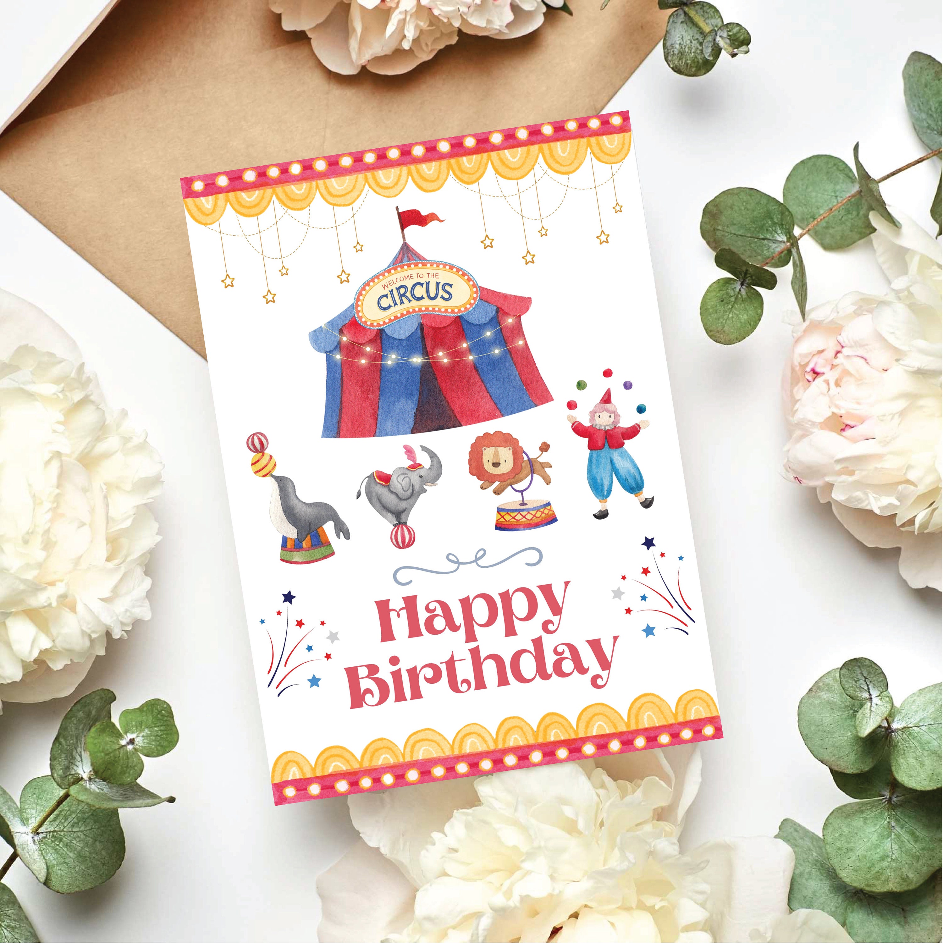 PRINTABLE Circus Birthday Card for Kids,carnival Themed Birthday Card ...