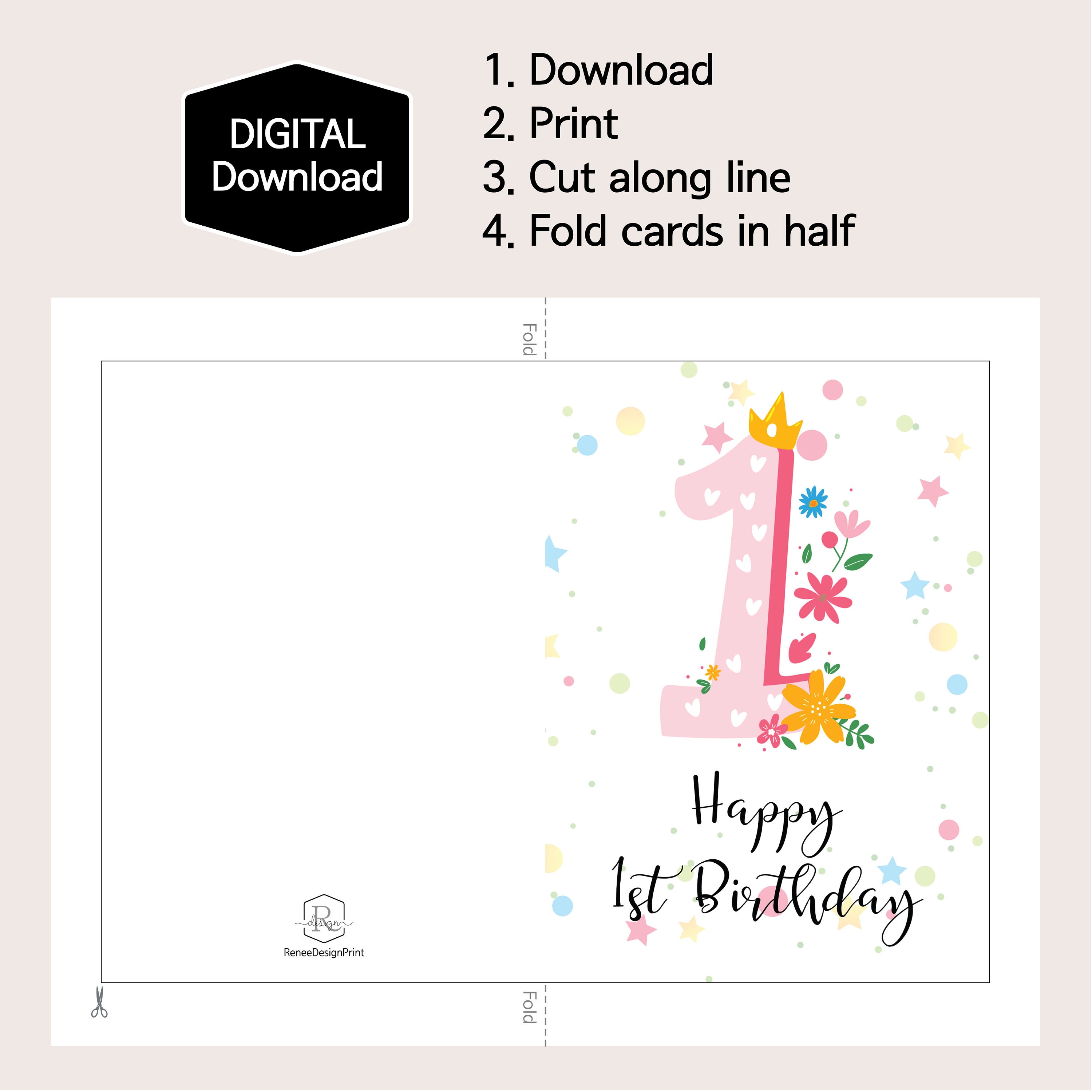 1st Birthday Card for Girl,crown First Birthday Card,one Year Old ...