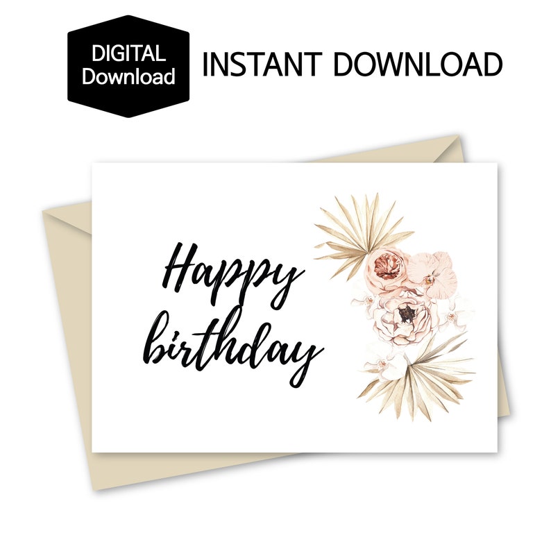 Printable Boho Floral Happy Birthday Card for Her,bohemian Palm Leaf ...