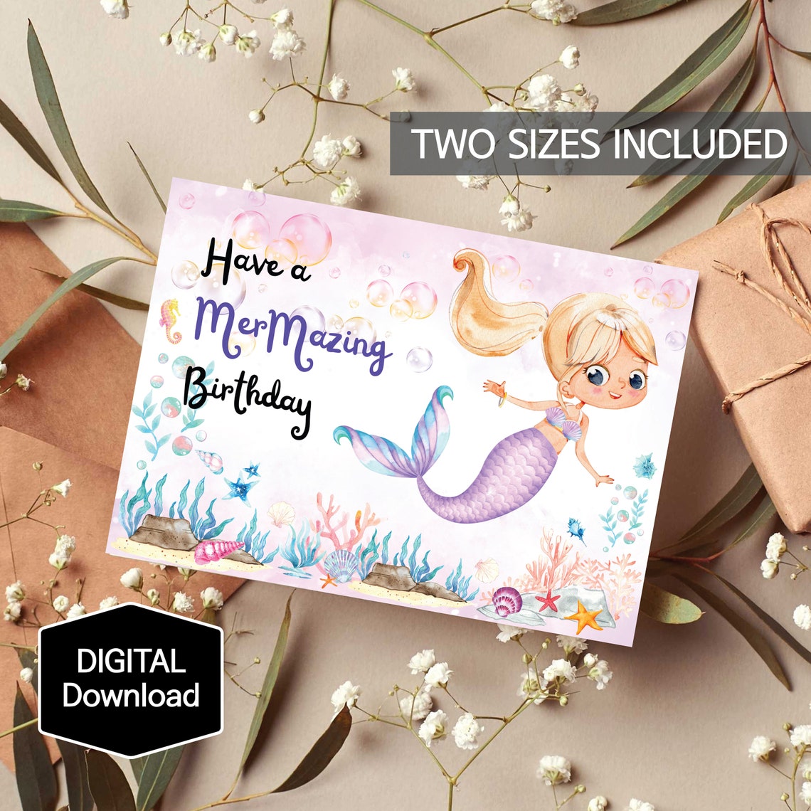 Printable Mermaid Happy Birthday Card for Girl,little Mermaid Card for ...