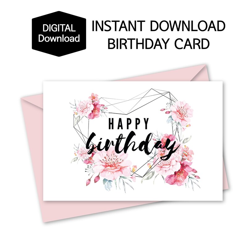 Printable Floral Happy Birthday Card for Her,flower & Heart Birthday ...