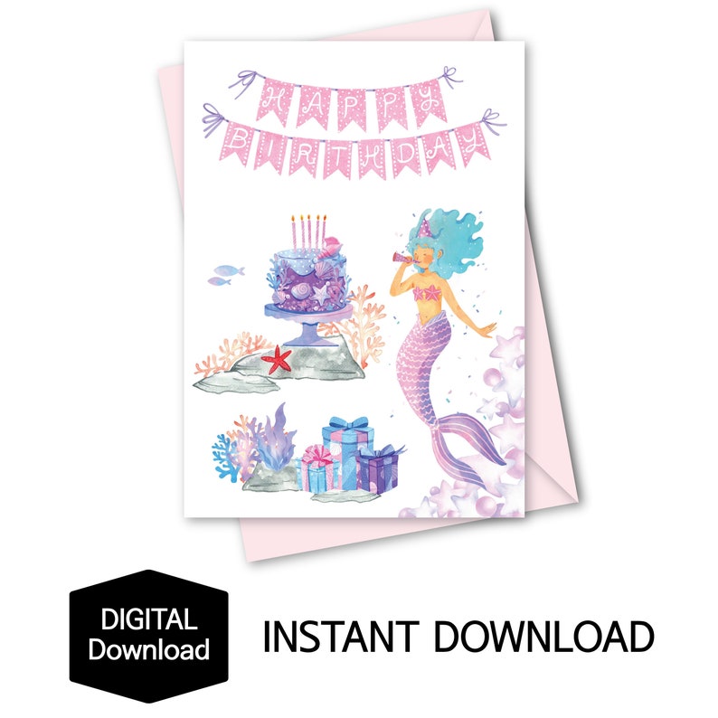 Printable Mermaid Happy Birthday Card for Girl,little Mermaid Card for ...