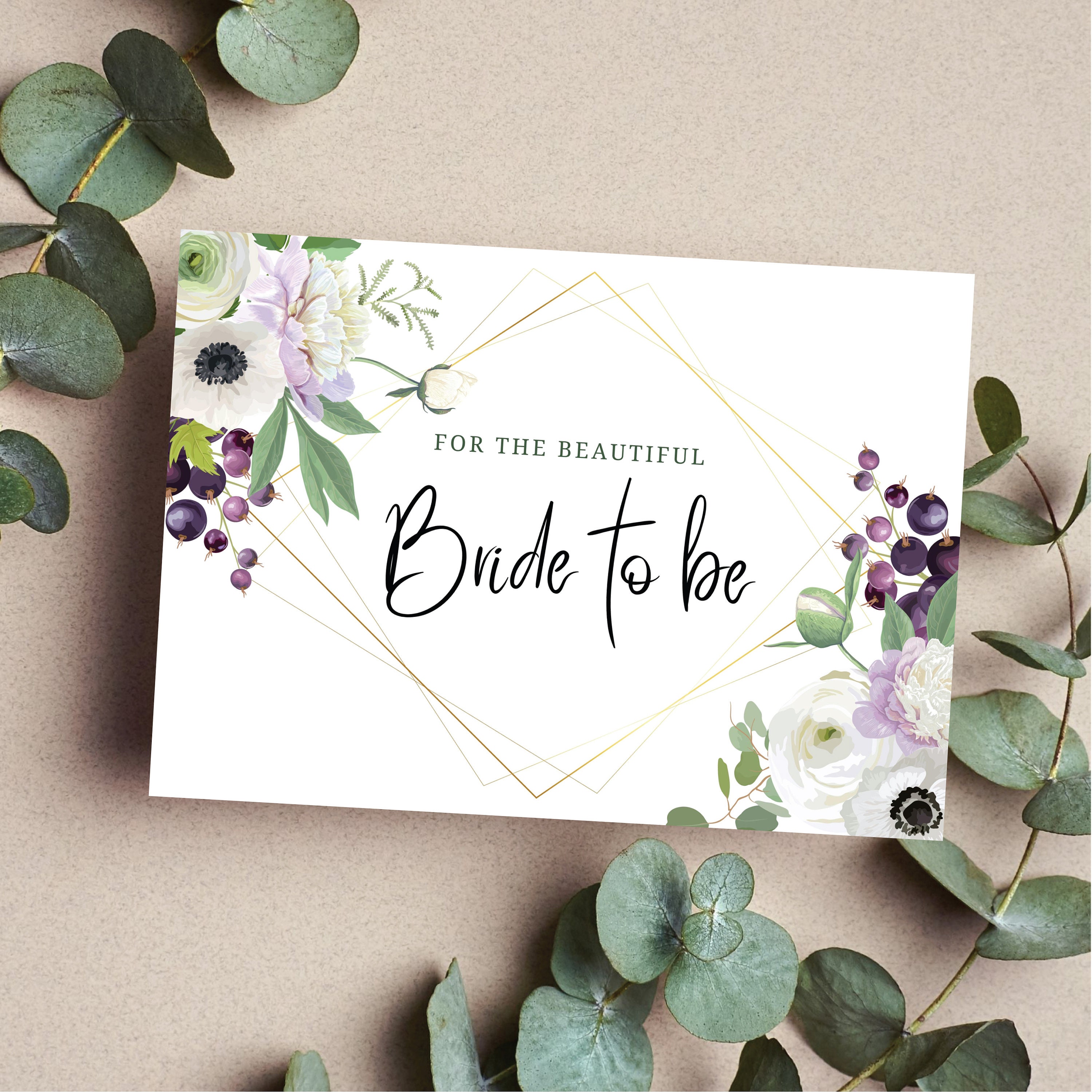 Printable for the Beautiful Bride to Be Card,purple Bridal Shower Card ...