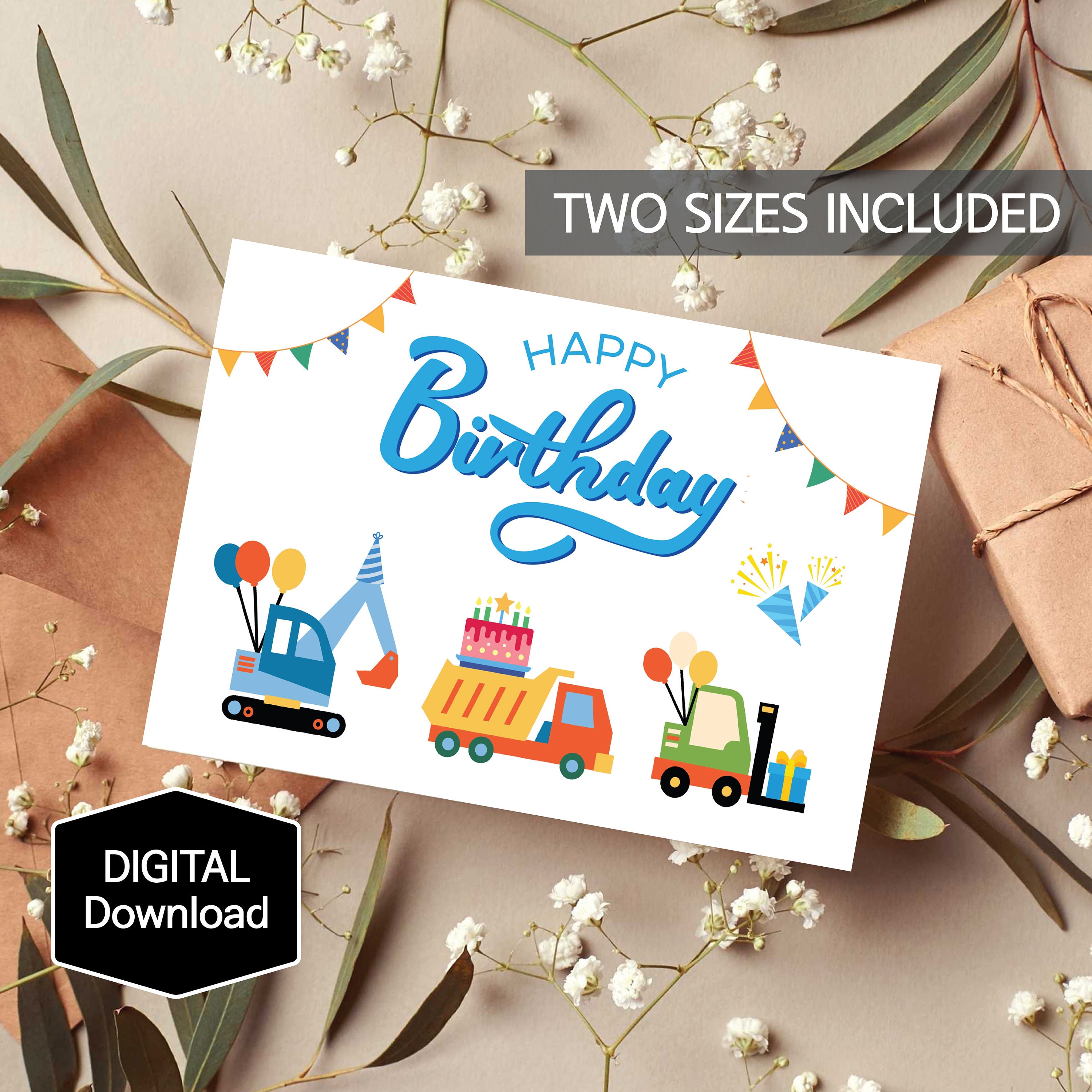Printable Boy Construction Happy Birthday Card,dumper Truck,excavator ...
