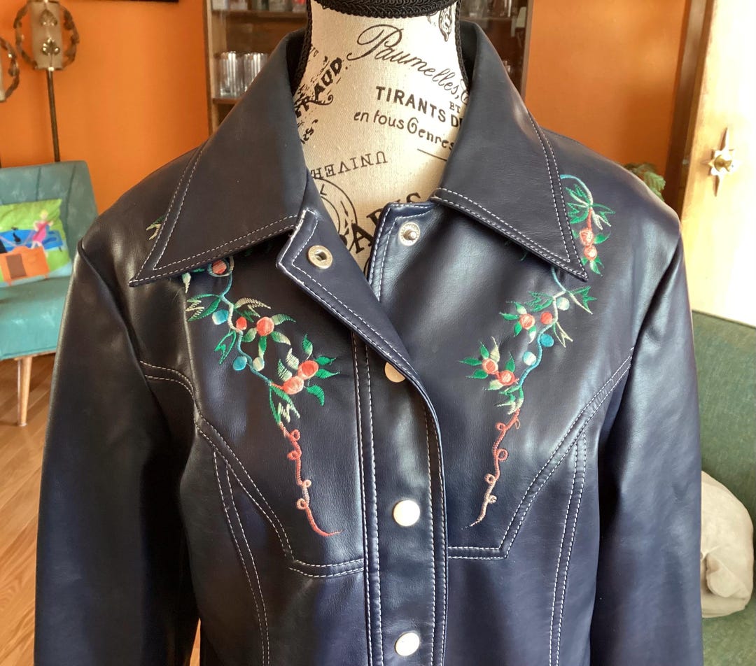 PA Originals 1970s Navy Blue Vinyl Jacket With Floral Embroidery White ...
