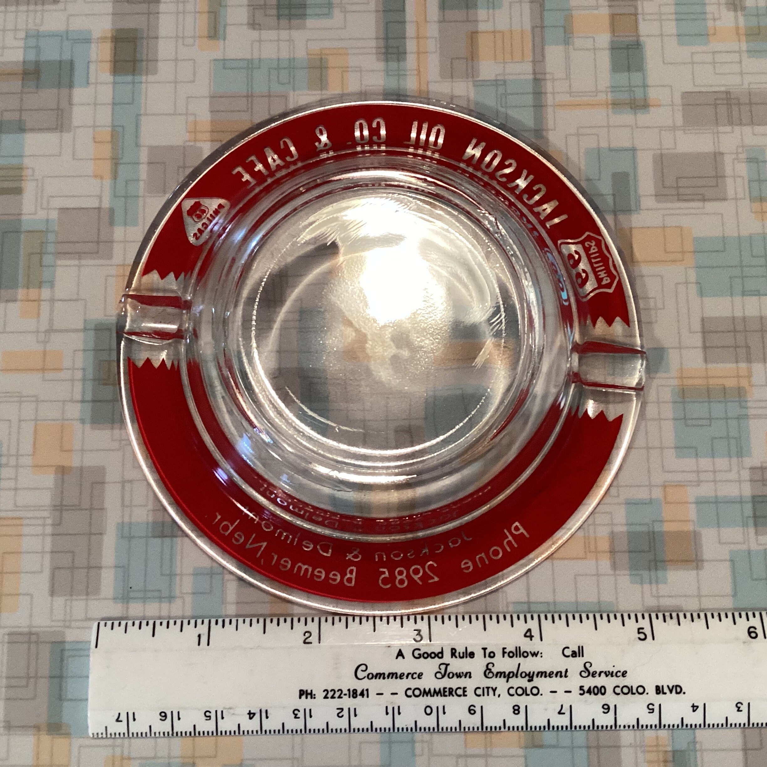 Vintage 1950s 1960s Advertising Glass Ashtray Phillips 66 Red Philgas ...