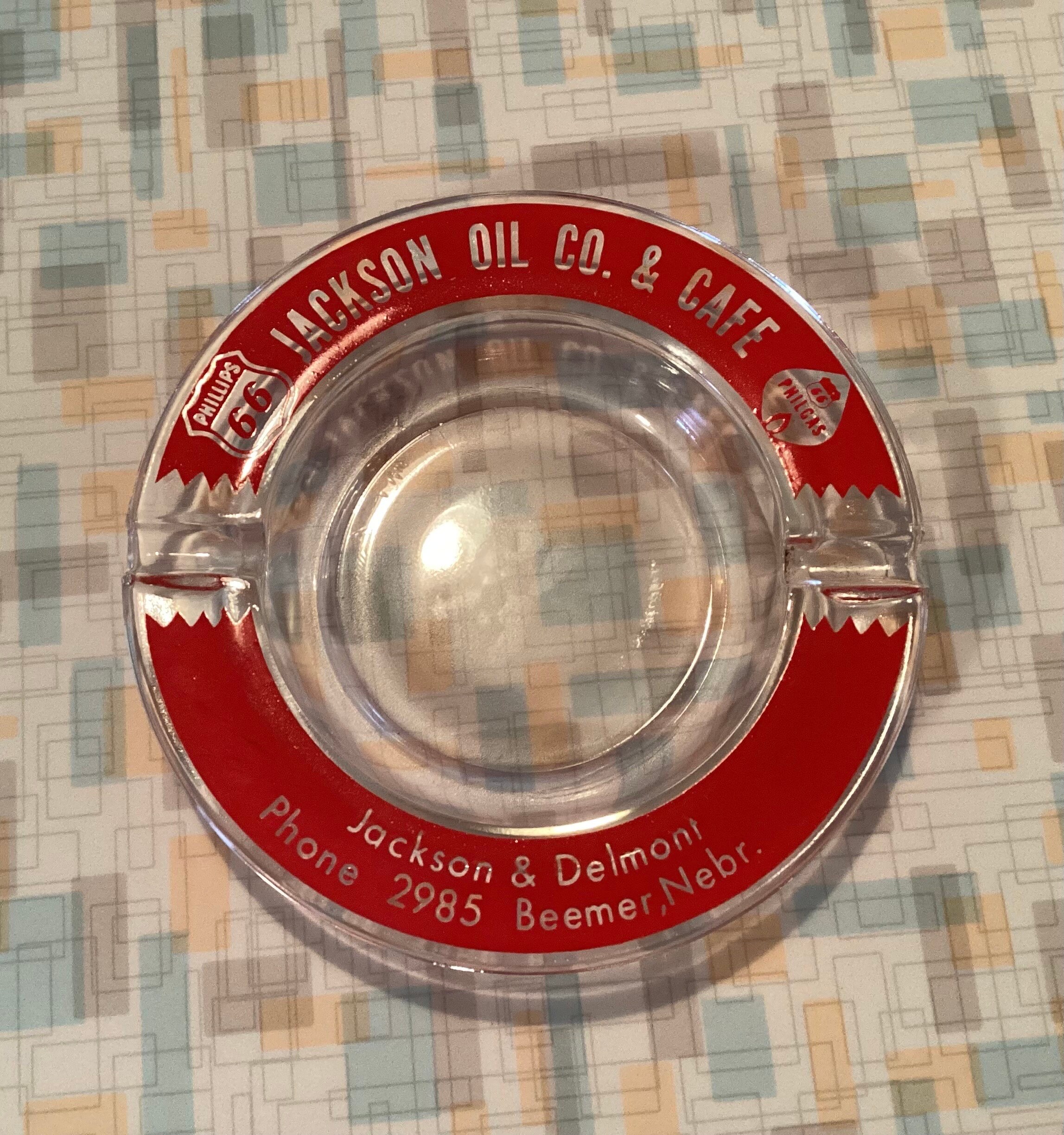 Vintage 1950s 1960s Advertising Glass Ashtray Phillips 66 Red Philgas ...