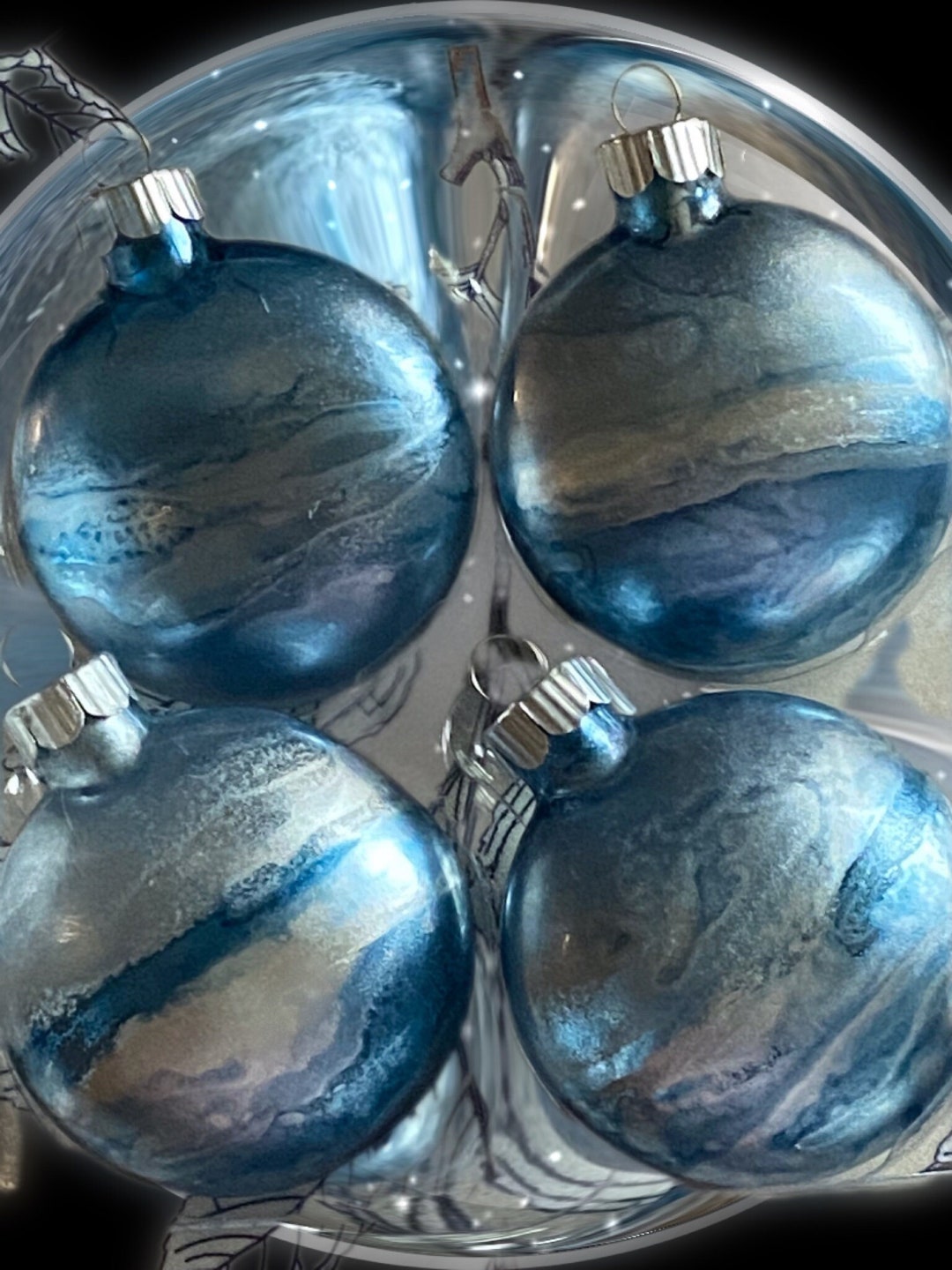 Pearl, Blue and Silver Swirls Set of 4 Glass Ornaments silver Night ...