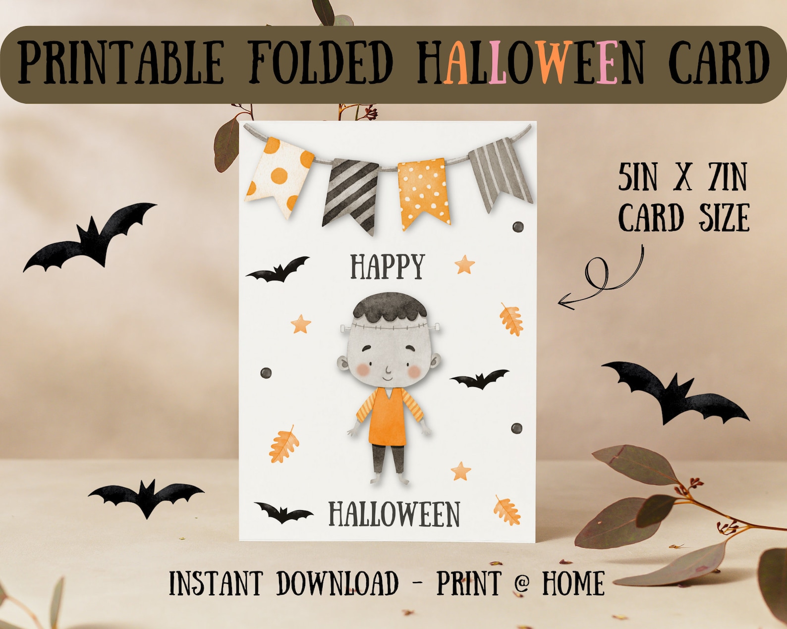 Halloween Card Printable, Halloween Card Digital, Instant Download, 7x5 ...