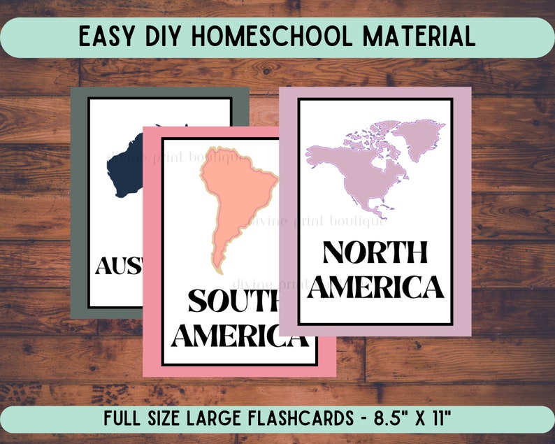 7 World Continents Flashcards, Geography Flashcards DIY, Homeschool ...